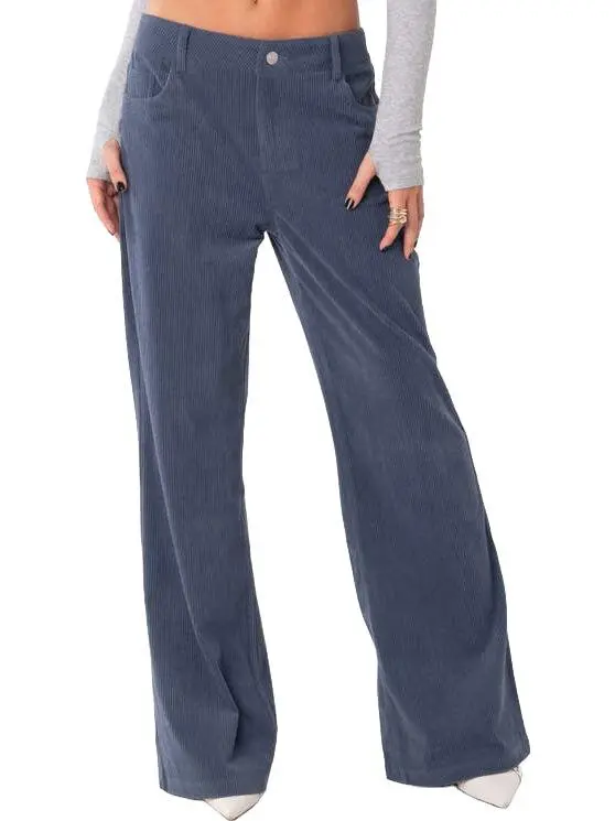 EDIKTED Dawn High Waist Wide Leg Corduroy Pants - Blue