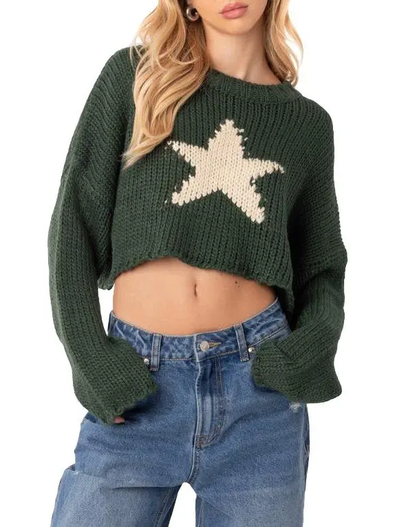 EDIKTED Mega Star Intarsia Crop Sweater - Green
