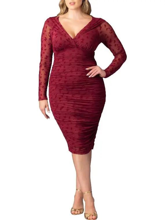 KIYONNA Betsey Ruched Elbow Sleeve Midi Bodycon Dress - Burgundy Flocked Florals