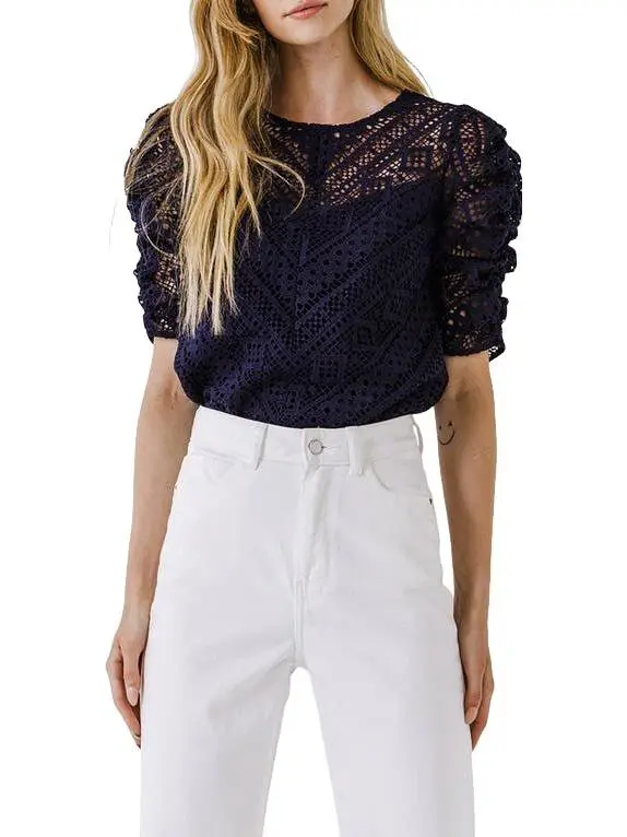 Endless Rose Chevron Stripe Lace Top - Navy
