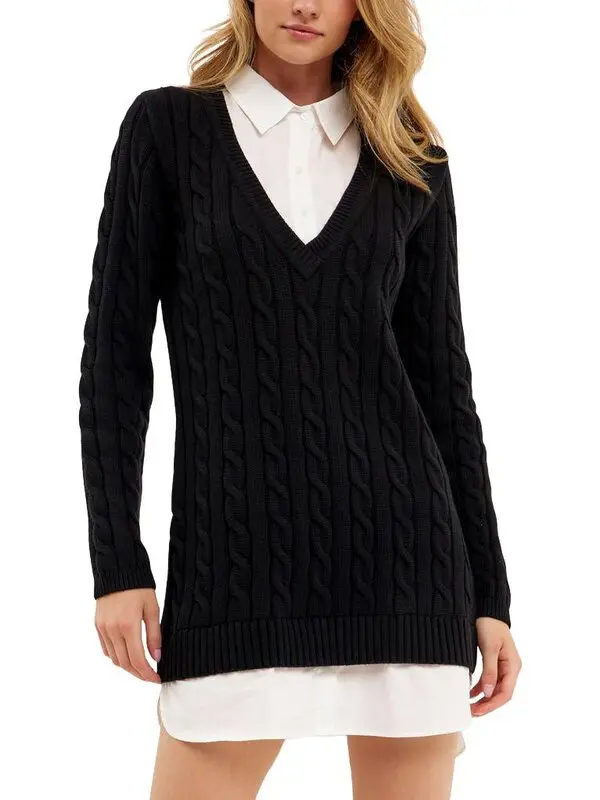 English Factory Mixed Media Cable Stitch Long Sleeve Sweater Dress - Black