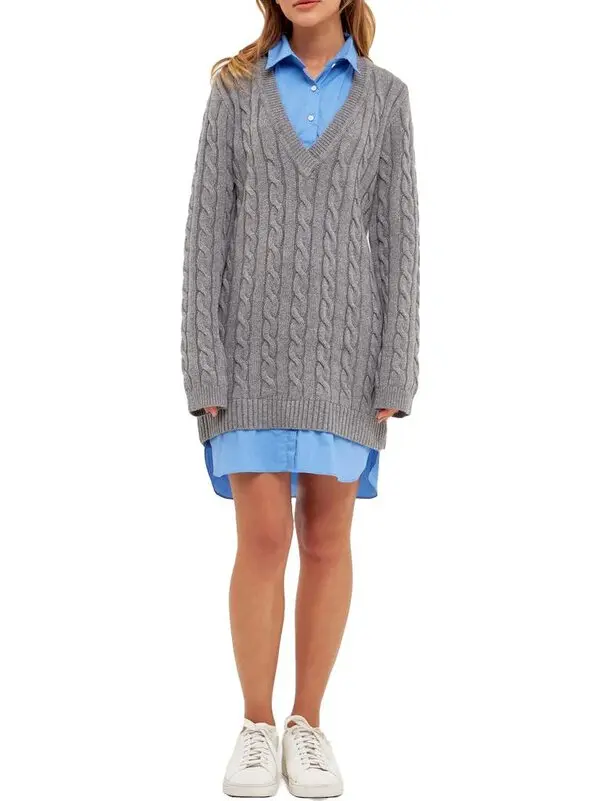 English Factory Mixed Media Cable Stitch Long Sleeve Sweater Dress - Grey/ Oxford Blue