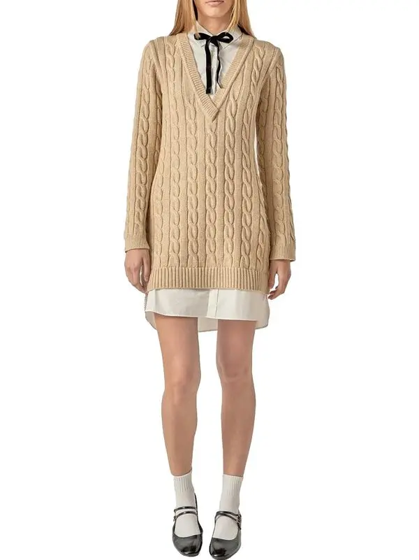 English Factory Mixed Media Cable Stitch Long Sleeve Sweater Dress - Oatmeal