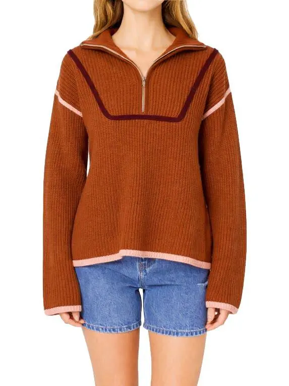 English Factory Color Accent Half-zip Pullover - Mocha Multi