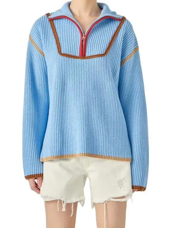 English Factory Color Accent Half-zip Pullover - Ocean Blue Multi