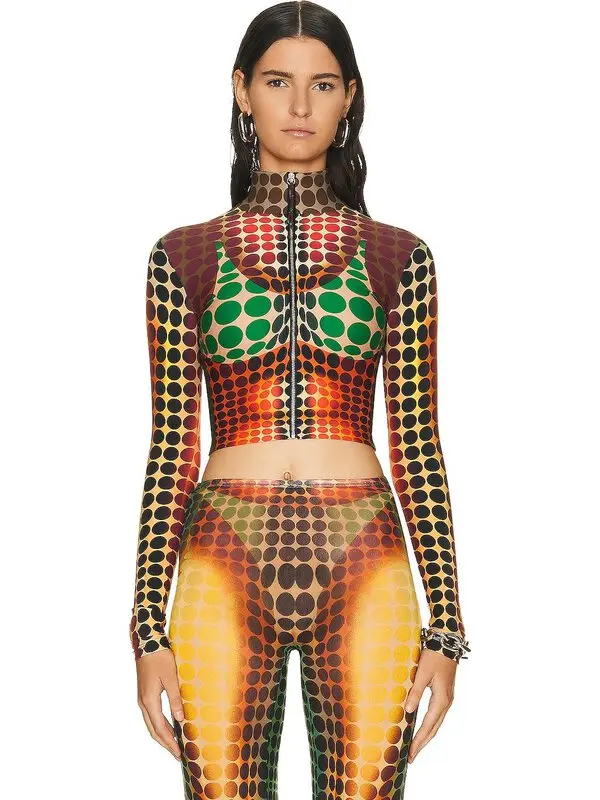 Jean Paul Gaultier High Neck Long Sleeve Top - Orange  Blue  & Brown