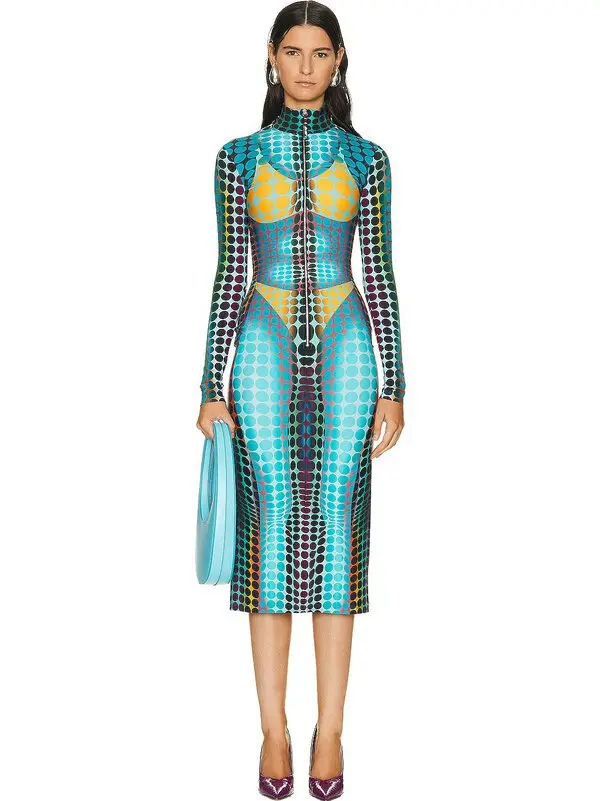 JEAN PAUL GAULTIER Center Front Zip Long Sleeve Dress - Blue  Purple  & Yellow