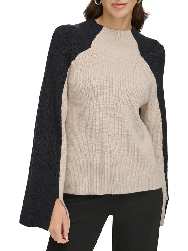 Dkny Colorblock Funnel Neck Sweater - Pebble/black