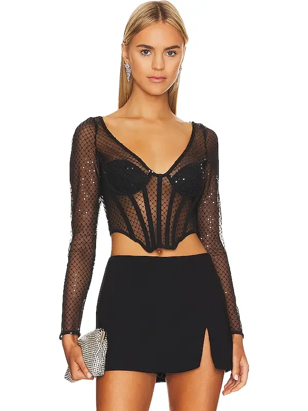 Bardot Sequin Mesh Corset Top - Black