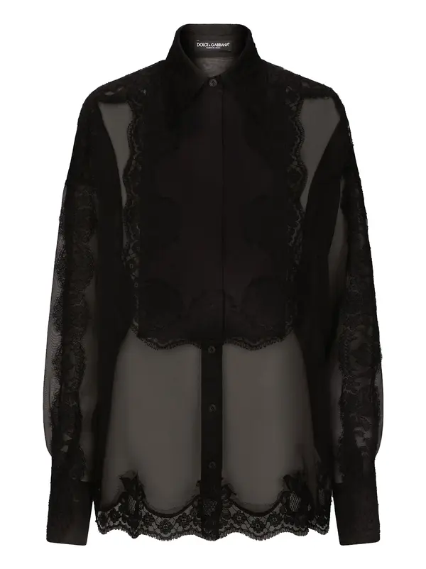 Dolce & Gabbana Lace-trim Organza Tuxedo Shirt - Black