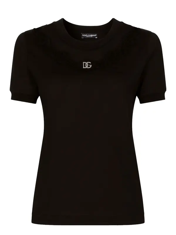 Dolce & Gabbana Dg-logo Lace-trim T-shirt - Black