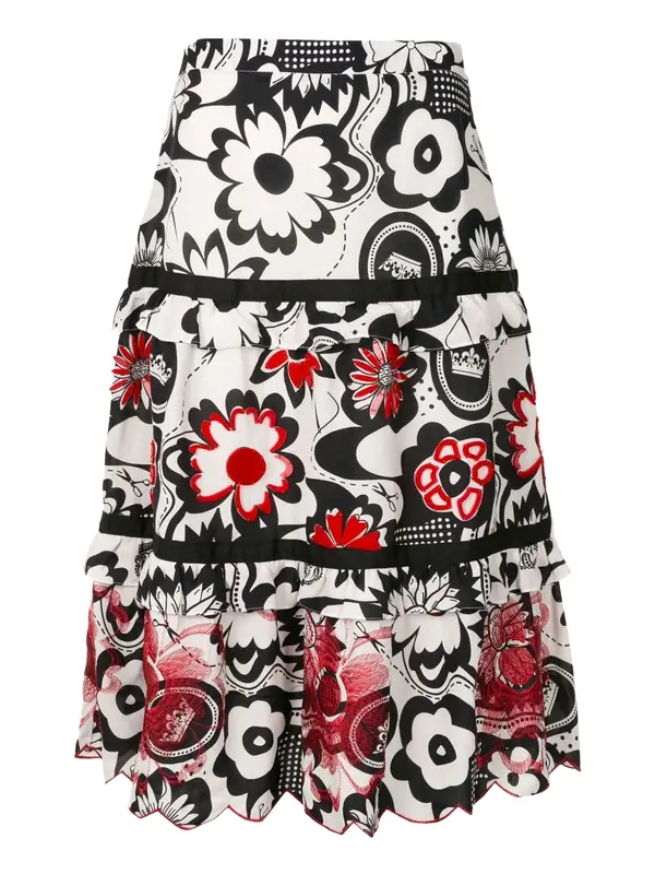 AMIR SLAMA Floral-print Tiered Skirt - Black