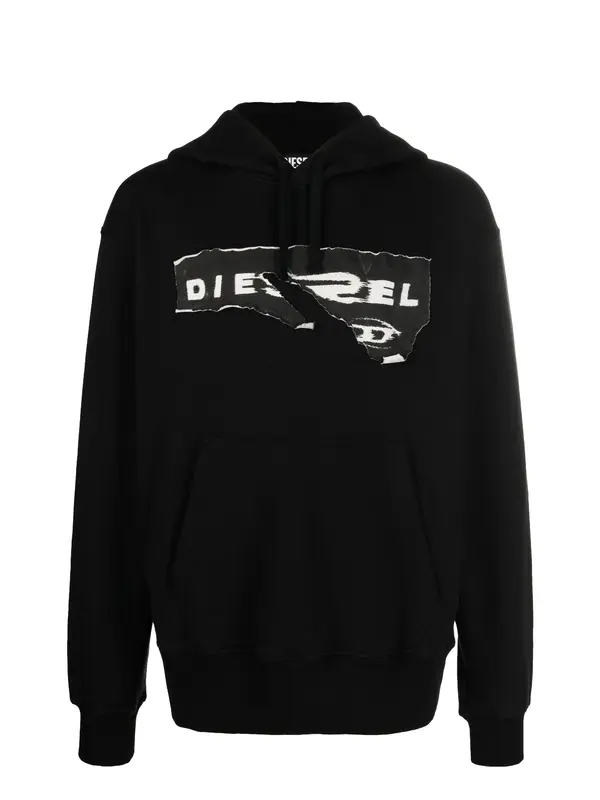 Diesel Ripped Logo Print Hoodie - Black