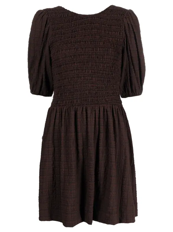GANNI Striped Smocked Mini Dress - Brown
