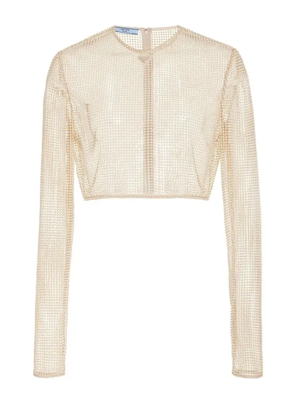 Prada Pearl-embroidered Mesh Cropped Top - Neutral