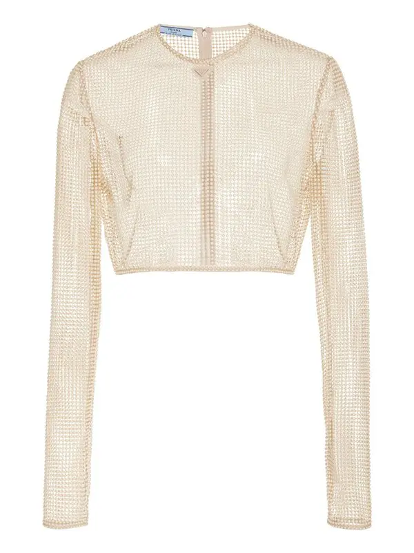 Prada Pearl-embroidered Mesh Cropped Top - Neutral
