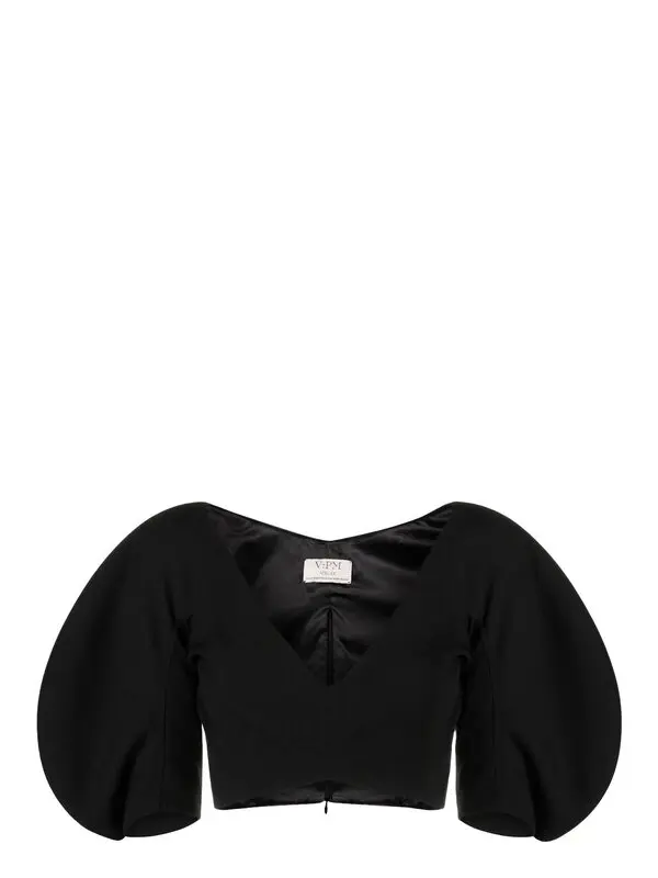 V:PM ATELIER Swirl Puff-sleeve Crop Top - Black