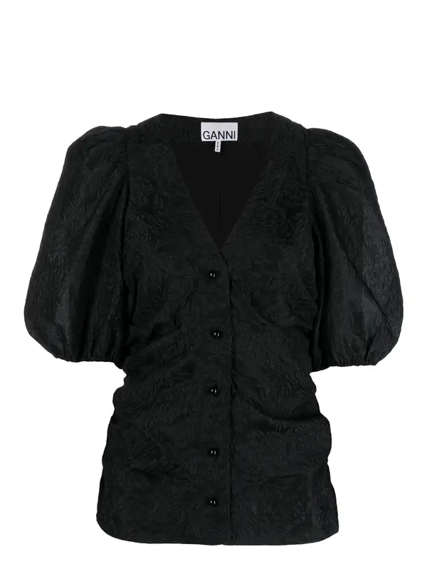 GANNI Puff-sleeve Jacquard Blouse - Black