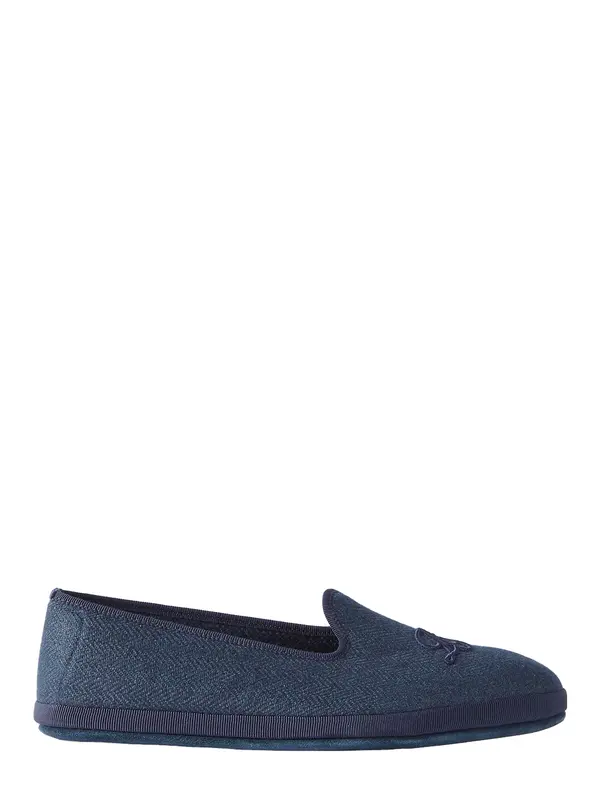 Loro Piana Venice Embroidered Herringbone Cashmere Slippers - Blue
