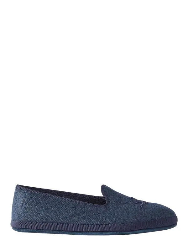 Loro Piana Venice Embroidered Herringbone Cashmere Slippers - Blue
