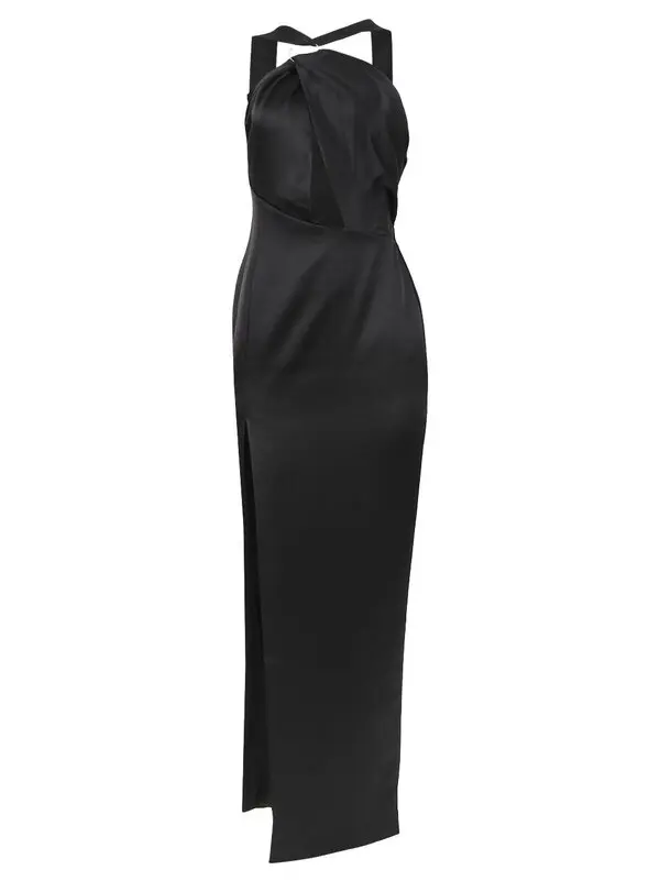 RASARIO Draped Satin Asymmetric Cut-out Gown With Ring - Black