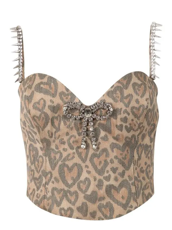 AREA Heart Leopard Crystal Trim Top - Brown