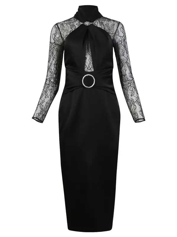 RASARIO Draped Satin Lace Midi Dress With Buckle And Ring - Black