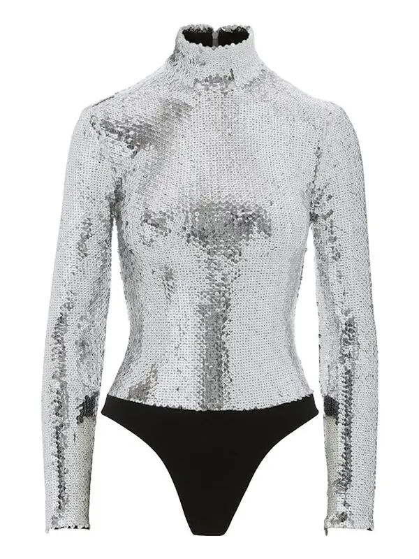 Brandon Maxwell Long Sleeve Sequin Bodysuit - Silver