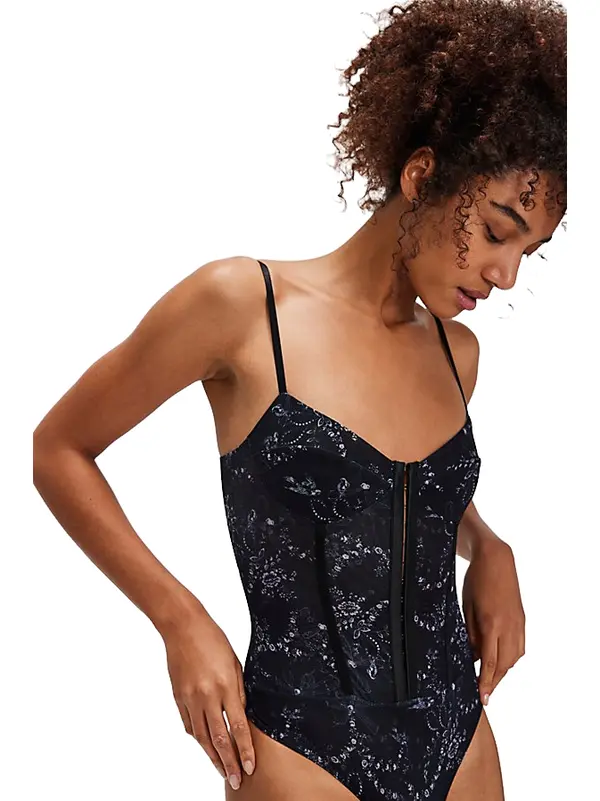 Free People Night Rhythm Printed Bodysuit - Black/white Bows