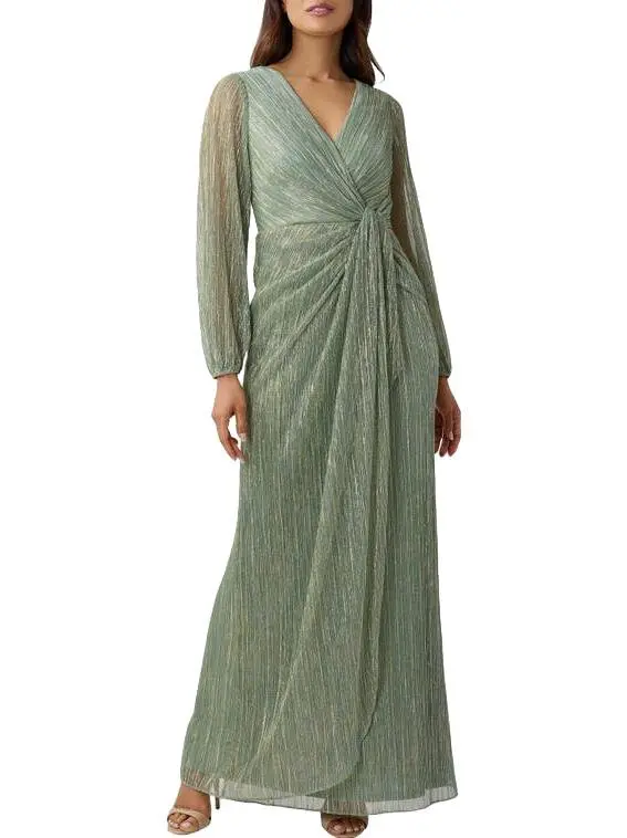Adrianna Papell Metallic Long Sleeve Mesh Gown - Green Slate