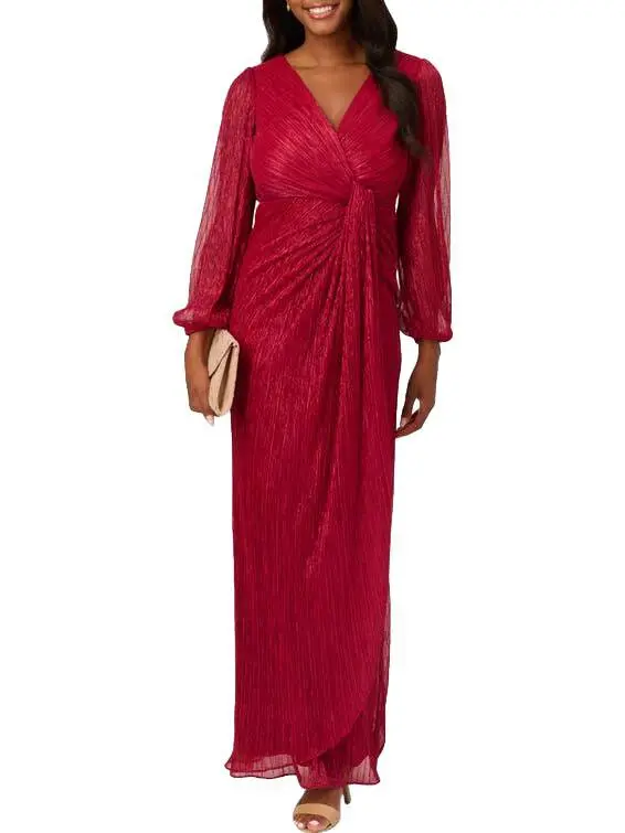 Adrianna Papell Metallic Long Sleeve Mesh Gown - Scarlet