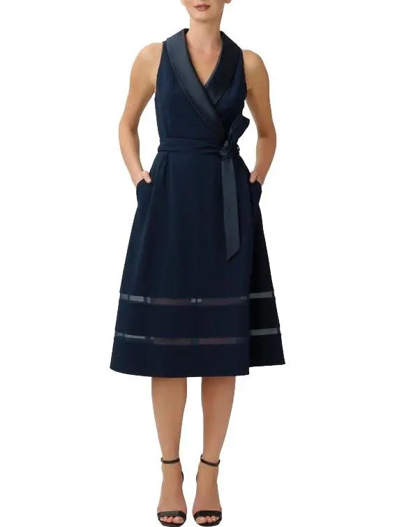 Adrianna Papell Satin Trim Crepe Midi Tuxedo Dress - Midnight