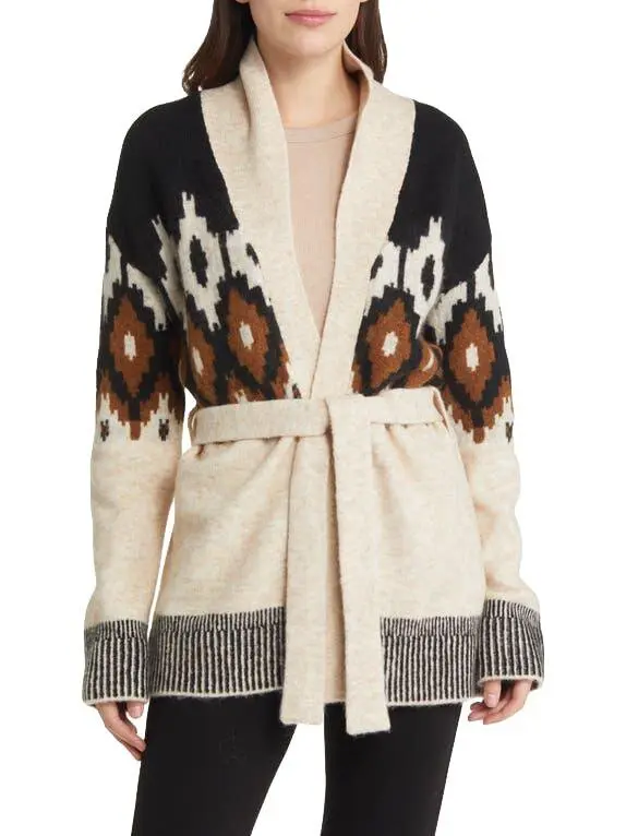 Monrow Shawl Collar Geometric Jacquard Cardigan - Off White