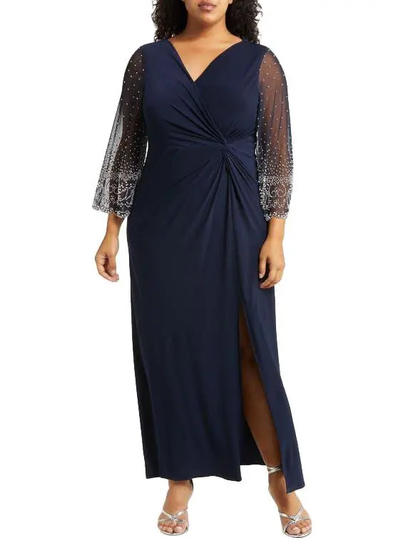Alex Evenings Long Sleeve Surplice Neck Evening Dress - Dark Navy