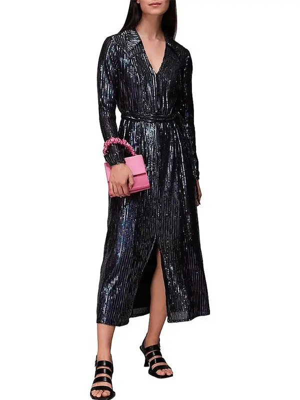 Whistles Striped Sequin Midi Dress - Black/multi