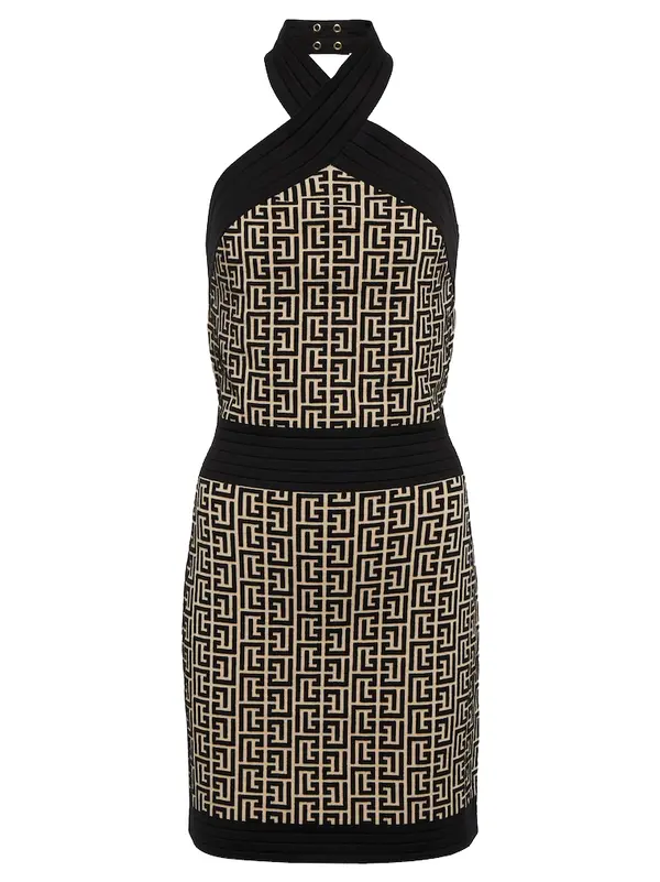 Balmain Monogram Halterneck Minidress - Black
