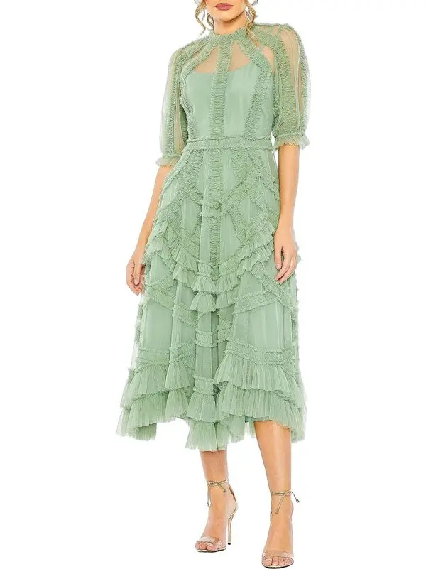 Mac Duggal High-neck Gathered Tulle Midi-dress - Jade