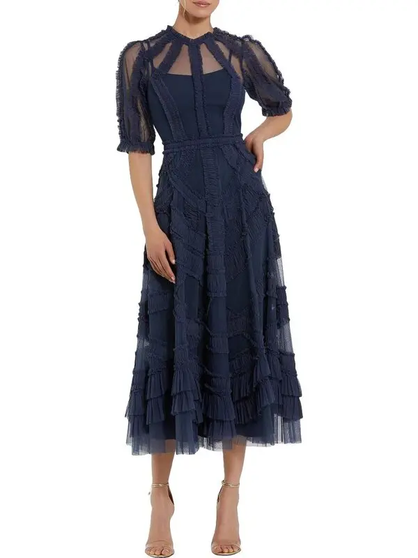 Mac Duggal High-neck Gathered Tulle Midi-dress - Midnight