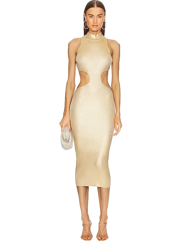 MICHAEL COSTELLO Calista Cut Out Long Midi Dress - Champagne Foil
