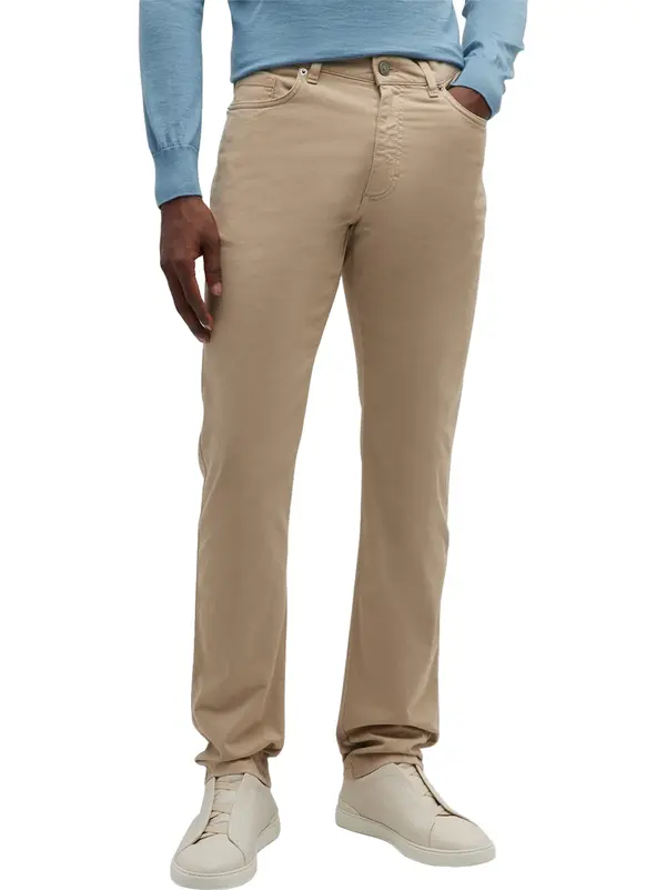 Zegna Brushed Cotton 5-pocket Trousers - Light Beige Solid