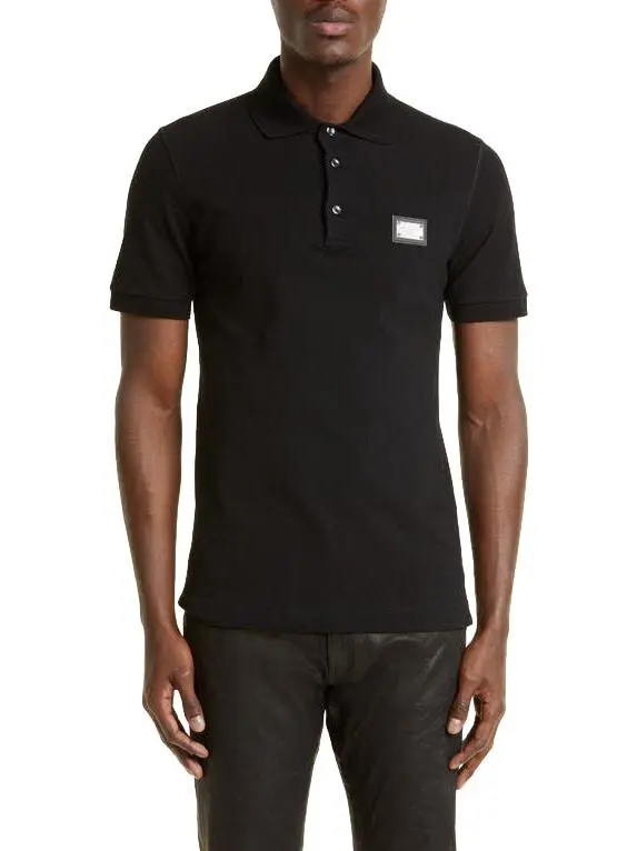 Dolce & Gabbana Logo Plate Cotton Piqué Polo - Black