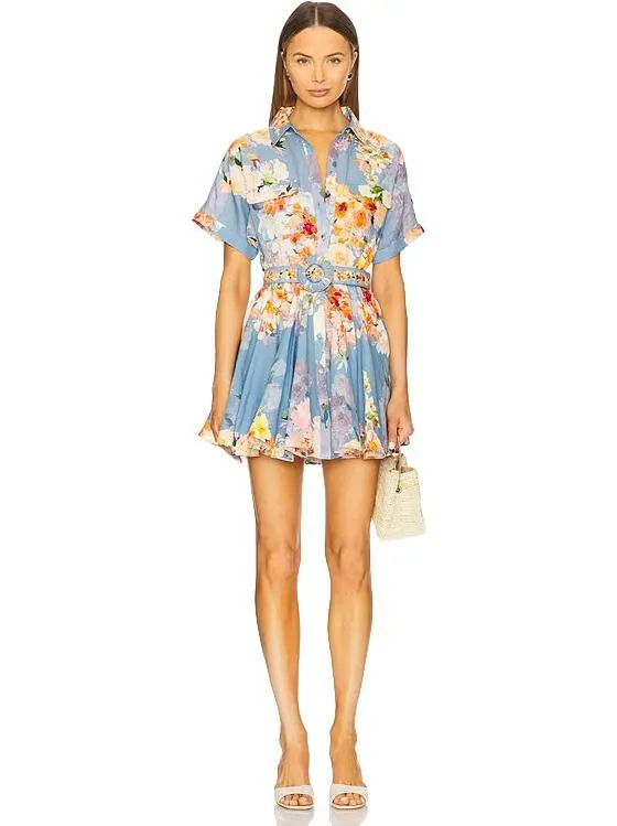 Hemant & Nandita Short Dress With Buckle Belt In Blue - Blue Floral