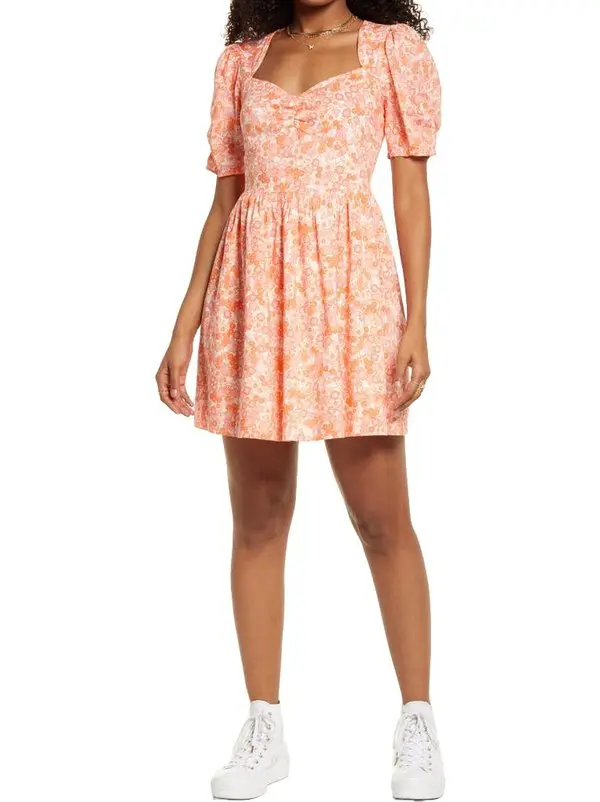 Bp. Floral Print Fit & Flare Mini Dress - Ivory- Coral Tarry Floral