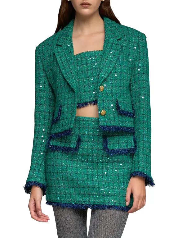 Endless Rose Sequin Tweed Crop Jacket With Fringe - Green/navy