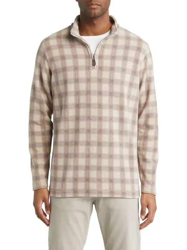Johnston & Murphy Plaid Fleece Quarter Zip Pullover - Brown/blue Plaid