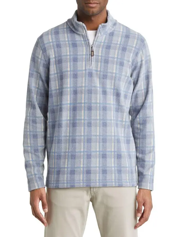 Johnston & Murphy Plaid Fleece Quarter Zip Pullover - Blue Plaid