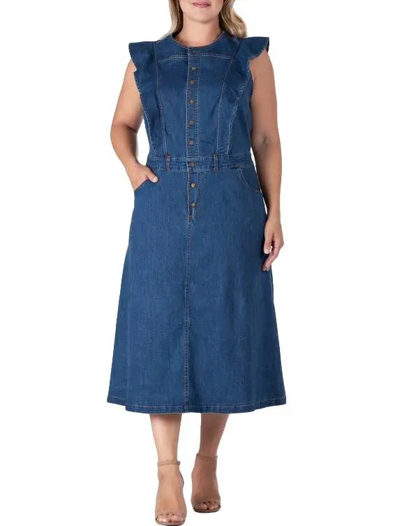 STANDARDS & PRACTICES Ruffle Sleeveless Denim Dress - Dark Blue