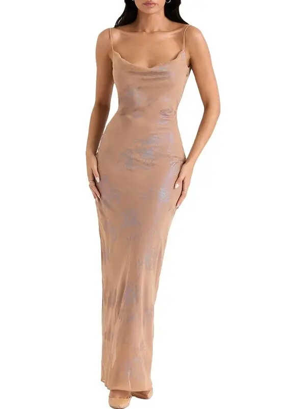 House Of Cb Metallic Cowl Neck Satin Gown - Iridescent Caf