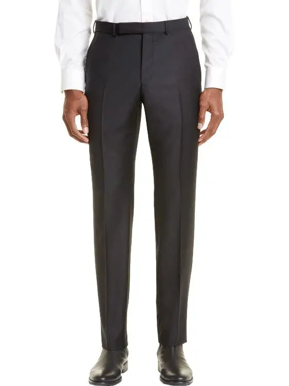 Zegna Flat Front Slim Fit Wool Trousers - Blk Sld