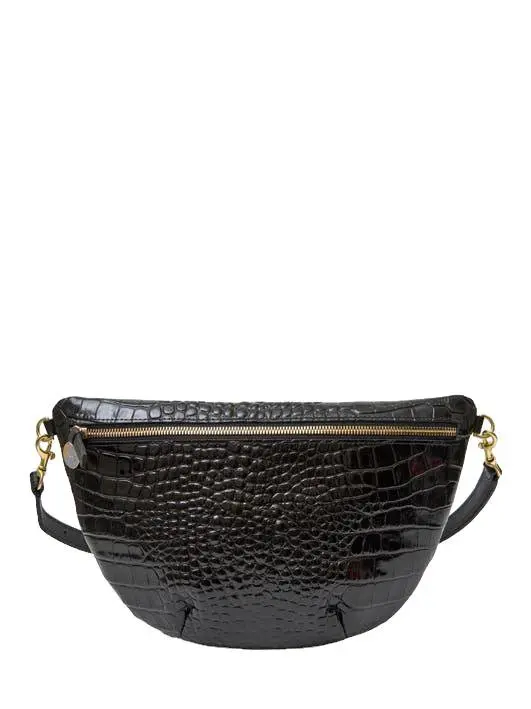 Clare V. Grande Woven Leather Belt Bag - Black Croc Embossed